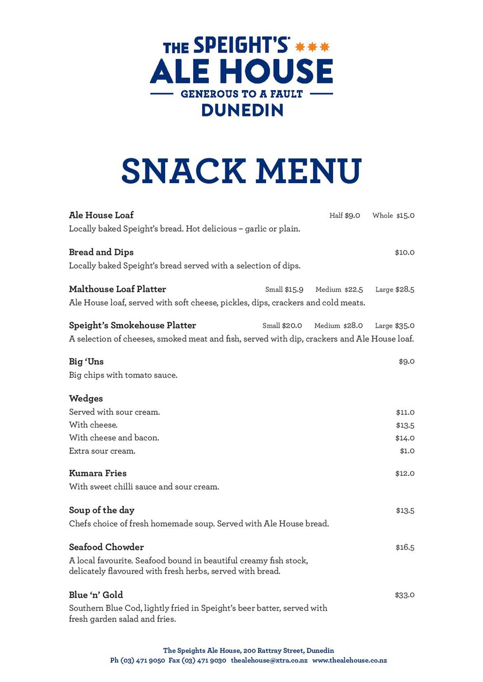 Snack Menu | The Speight's Ale House Dunedin
